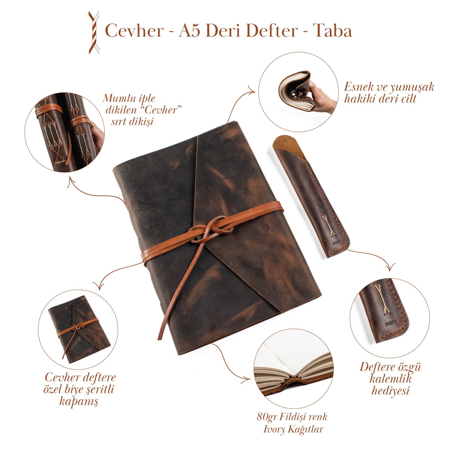 Cevher A5 Büyük Boy Deri Defter/Kişiselleştirilebilir Defter